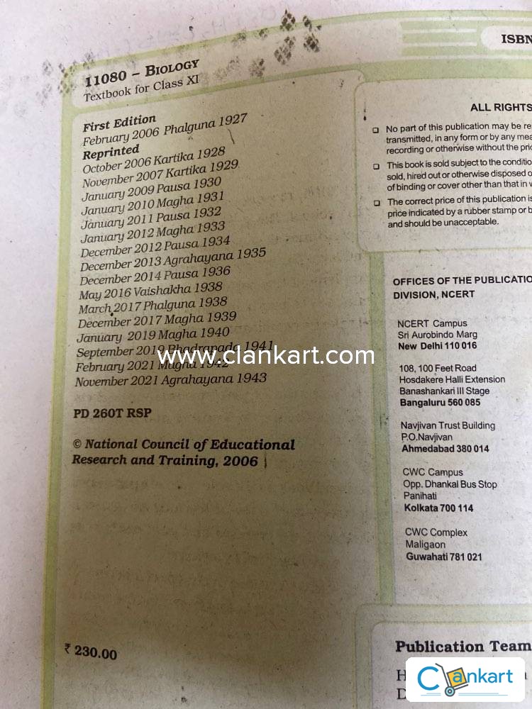 Buy 'NCERT BIOLOGY FOR CLASS 11' Book In Good Condition At Clankart.com