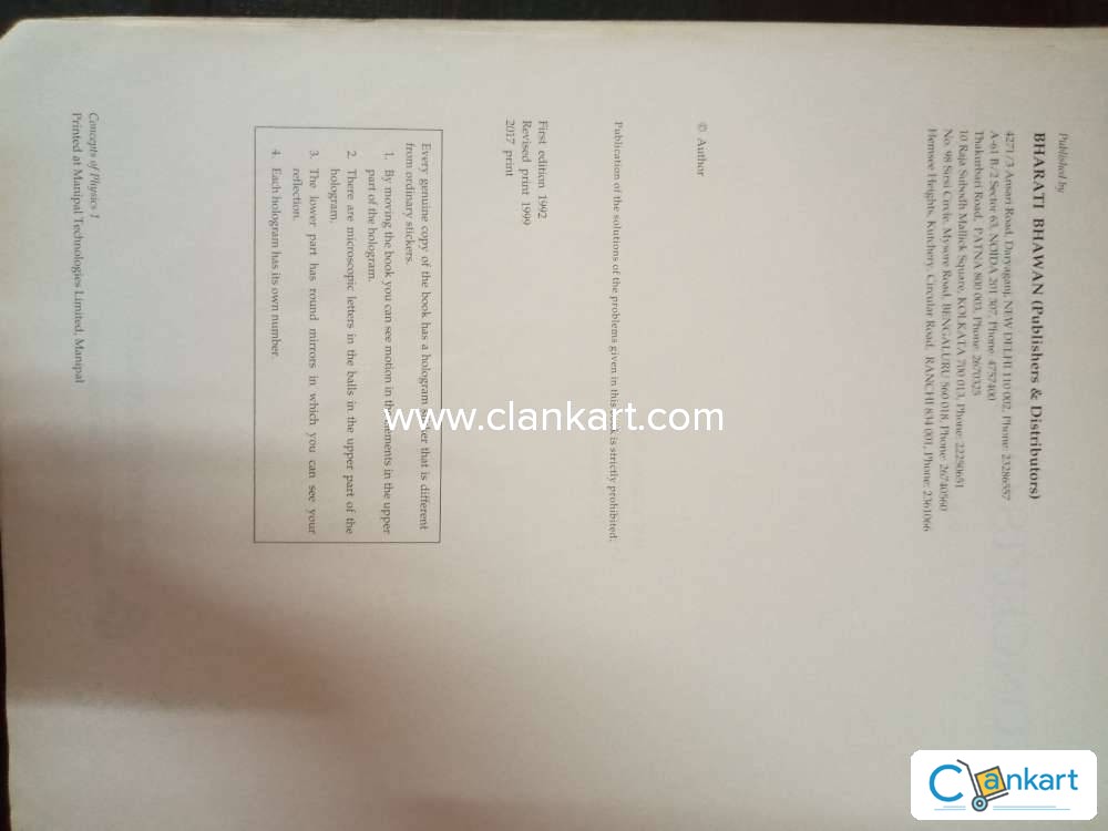 Buy 'Concepts Of Physics By HC Verma ( Volume 1)' Book In Excellent Condition At Clankart.com